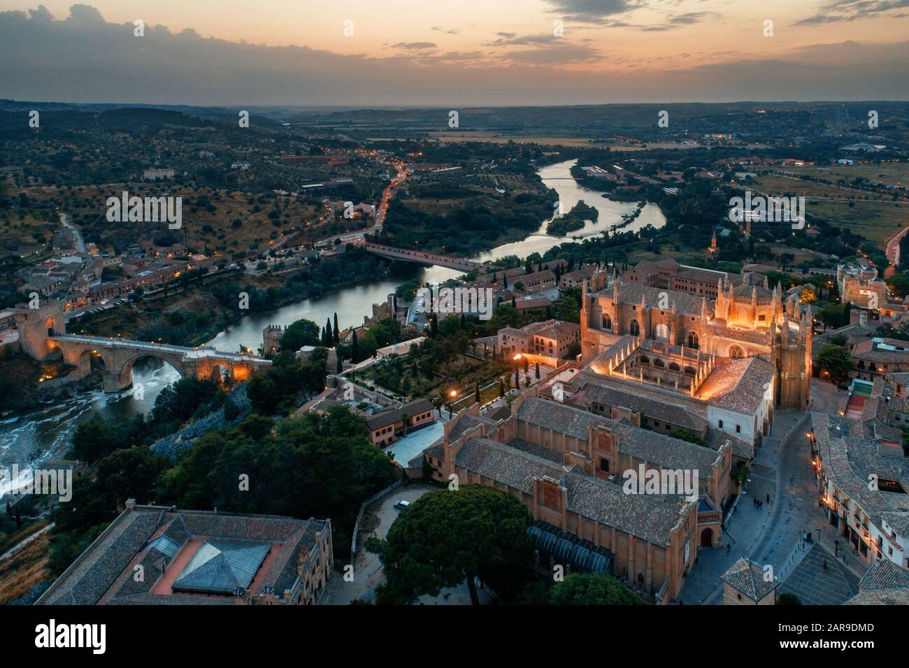 Aerial view of Toledo town skyline with historical buildings in Spain ...