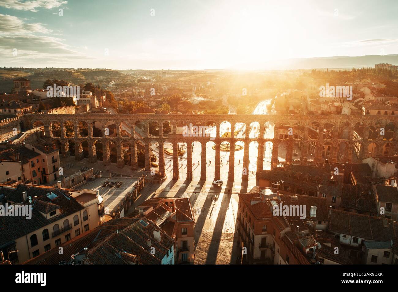 Segovia ancient Roman Aqueduct aerial sunrise view in Spain Stock Photo ...