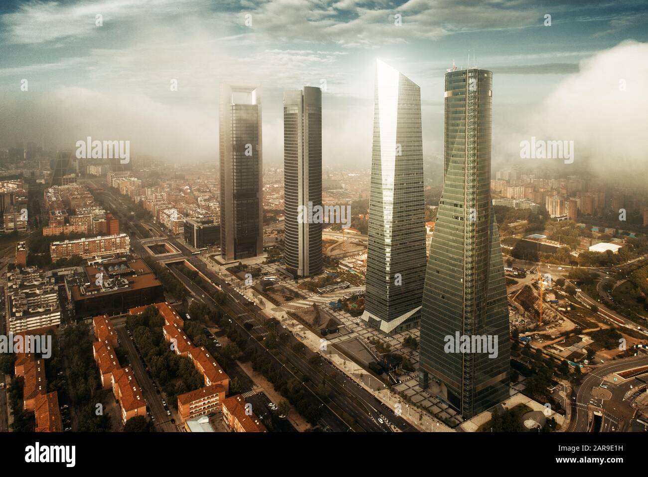 Madrid financial business district aerial view with modern skyscraper ...
