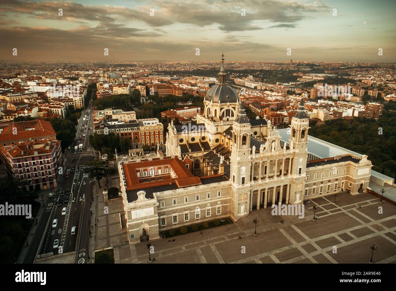 Aerial view of Catedral de la Almudena (Almudena Cathedral) at sunrise ...