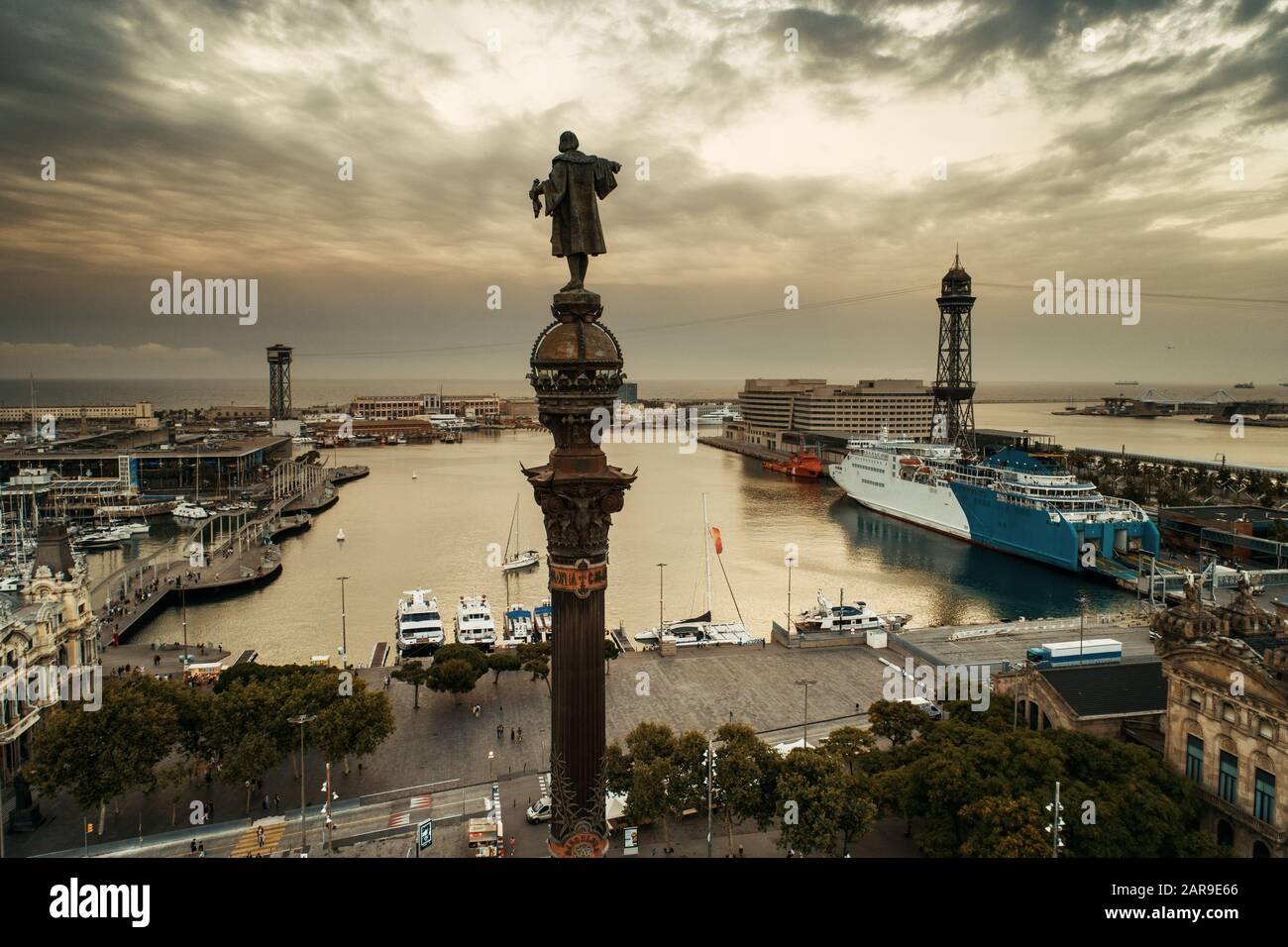 The Monument of Christopher Columbus aerial view in Barcelona Spain ...