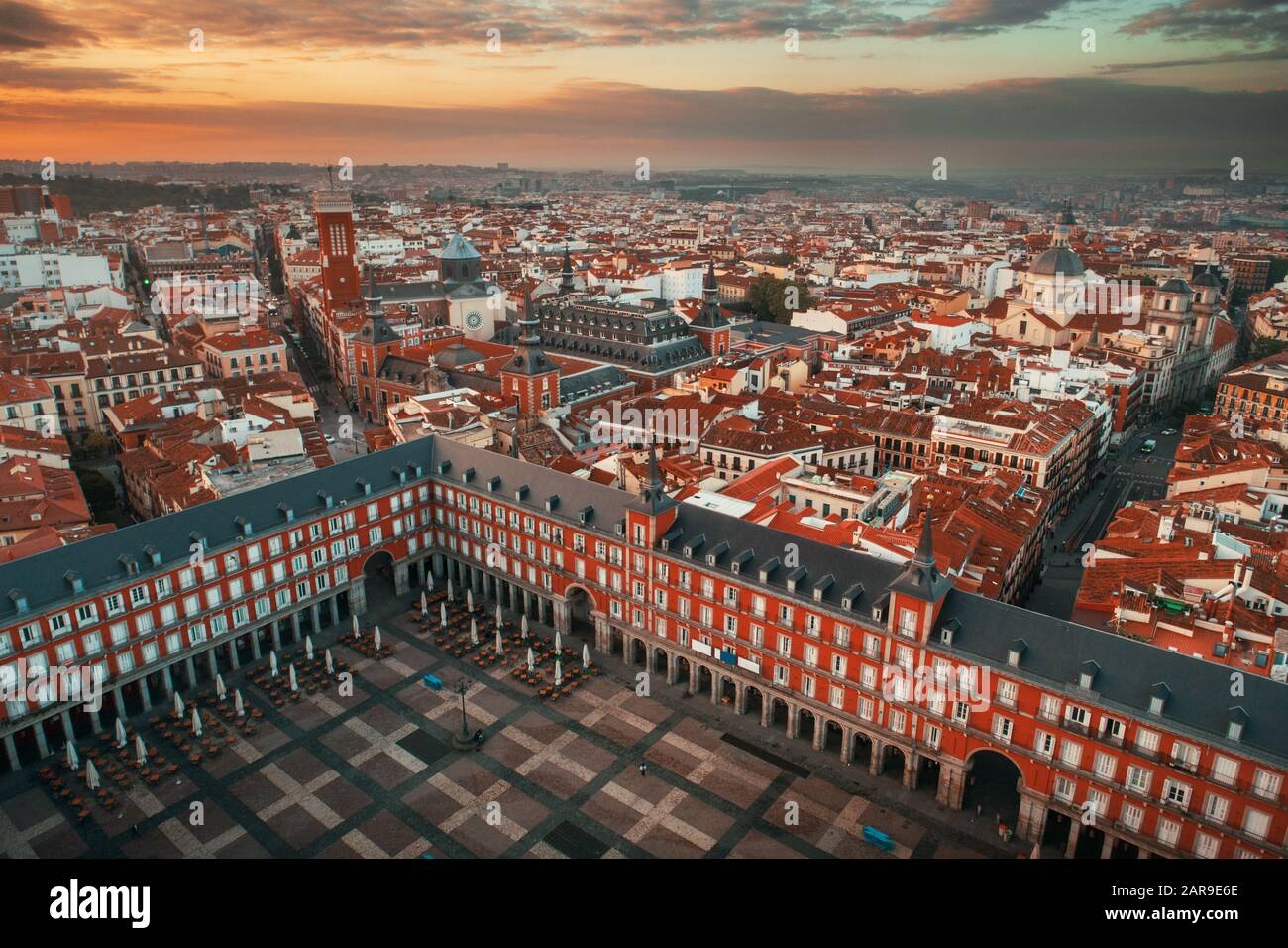 Madrid plaza Mayor aerial view with historical buildings in Spain Stock ...
