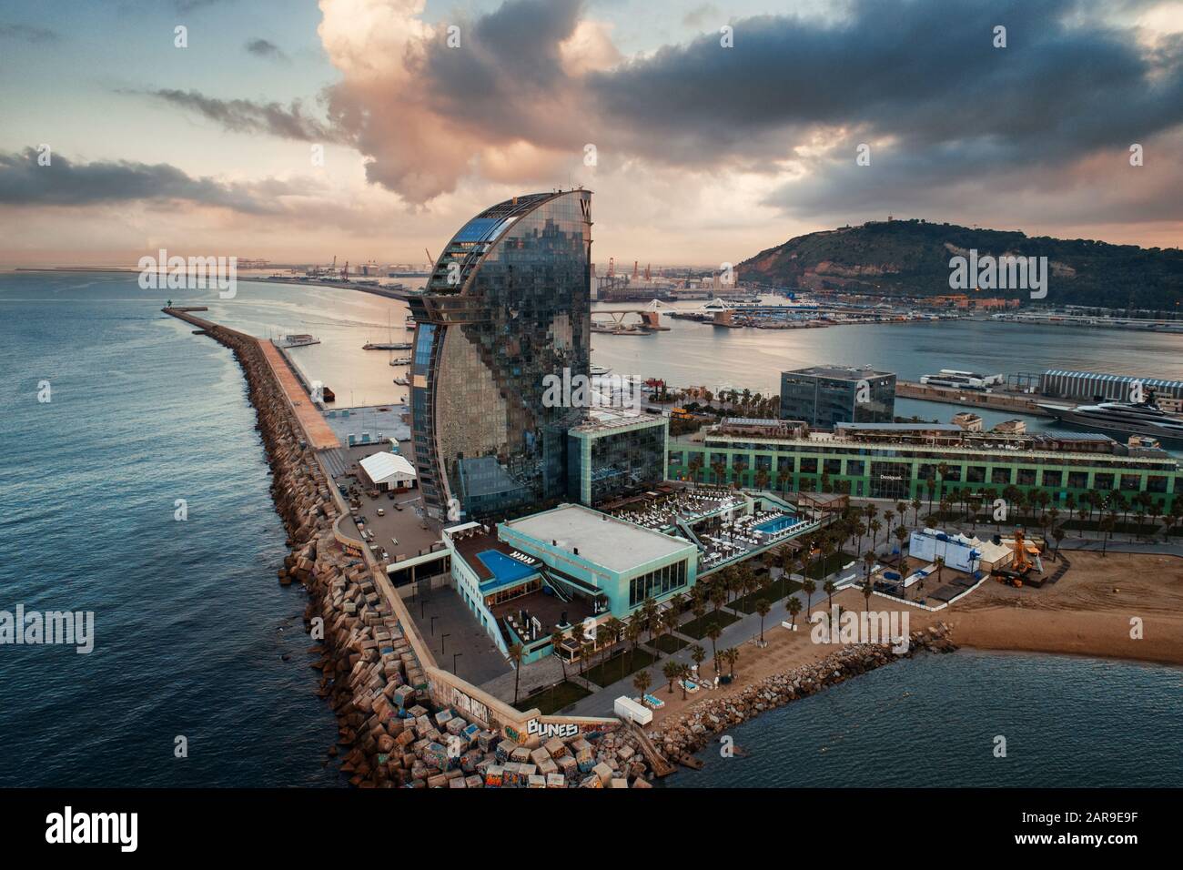 Aerial view of Barcelona coast in Spain at sunrise Stock Photo - Alamy
