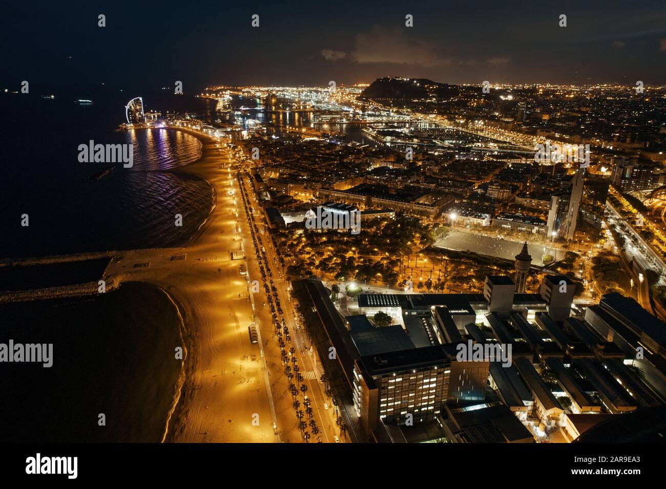 Barcelona coast pier aerial view at night in Spain Stock Photo - Alamy