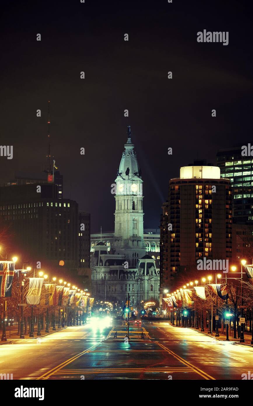 Philadelphia City Hall and street view at night Stock Photo - Alamy
