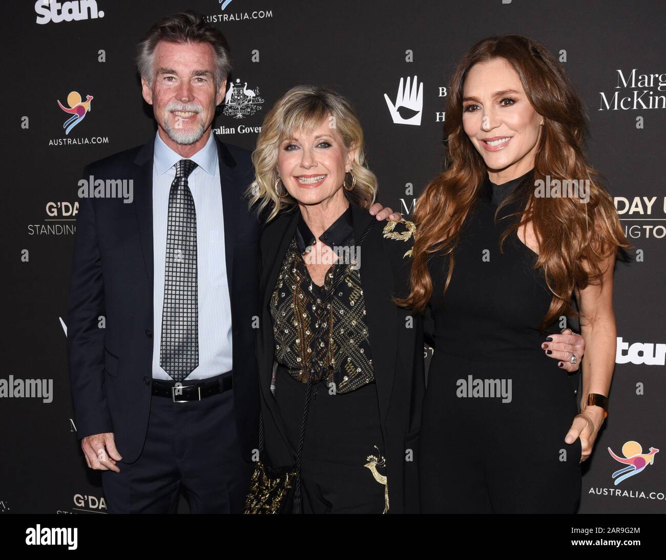 January 25, 2020, Beverly Hills, CA, USA: (L-R) John Easterling, Olivia Newton-John, and Tottie ...