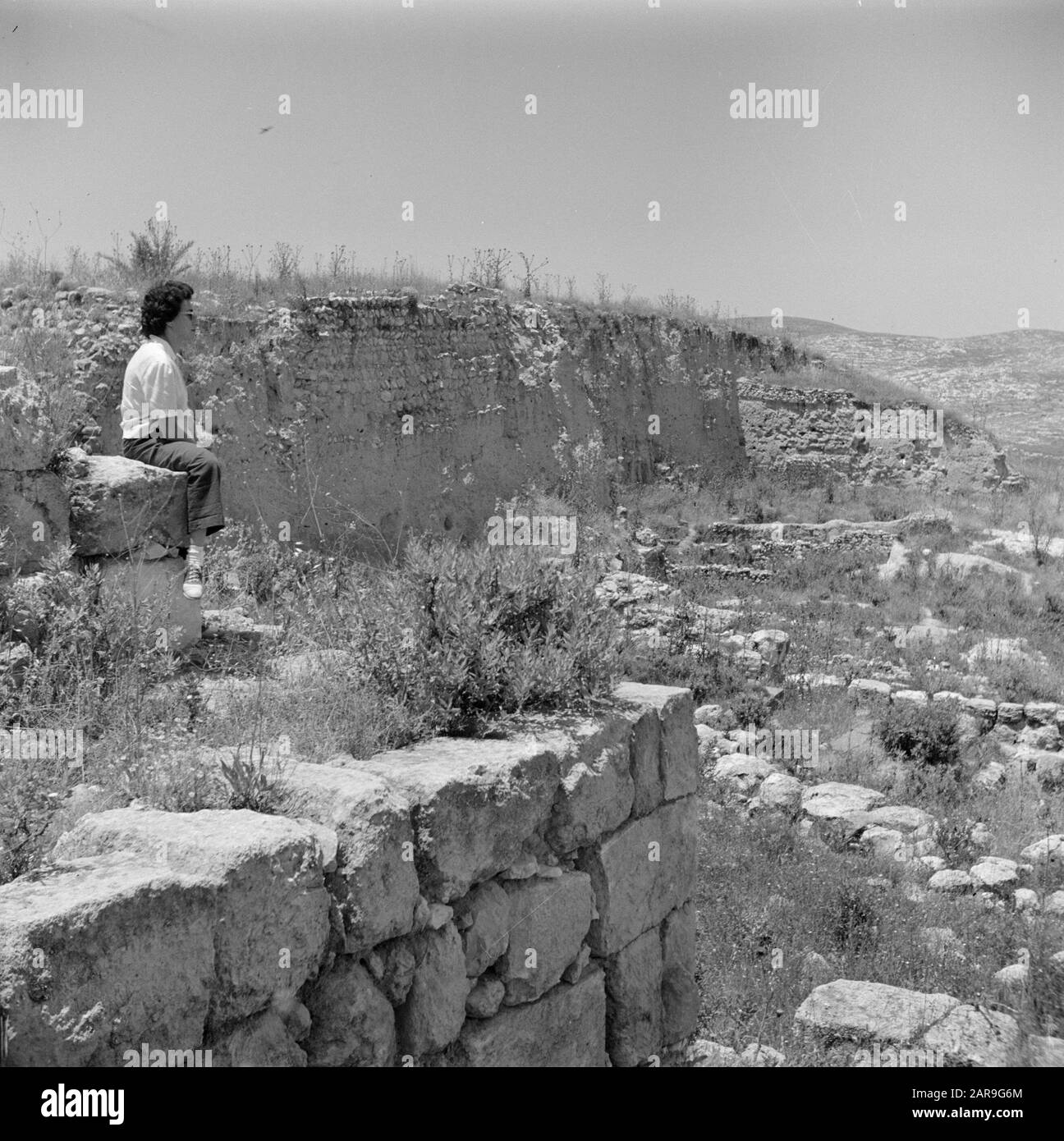 Israel 1948-1949:Megiddo Woman at the ruins of the stables of Solomon ...