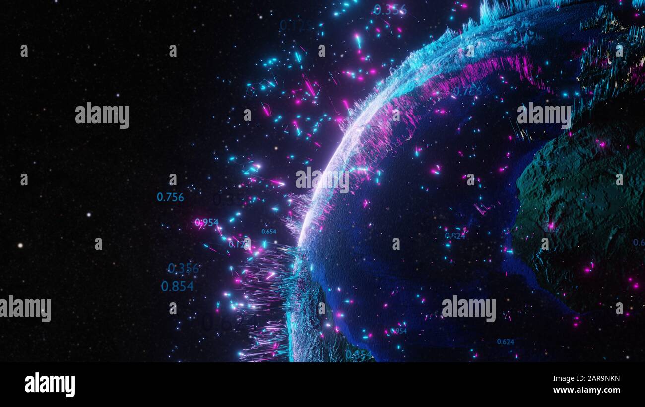 Abstract futuristic planet Earth surrounded by virtual elements. Dots ...