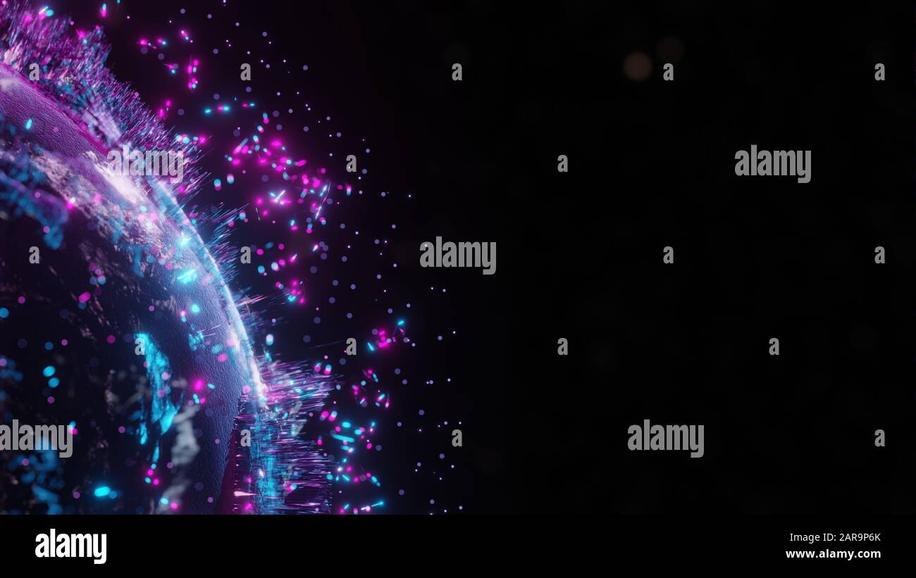 Abstract futuristic planet Earth surrounded by virtual elements. Dots ...