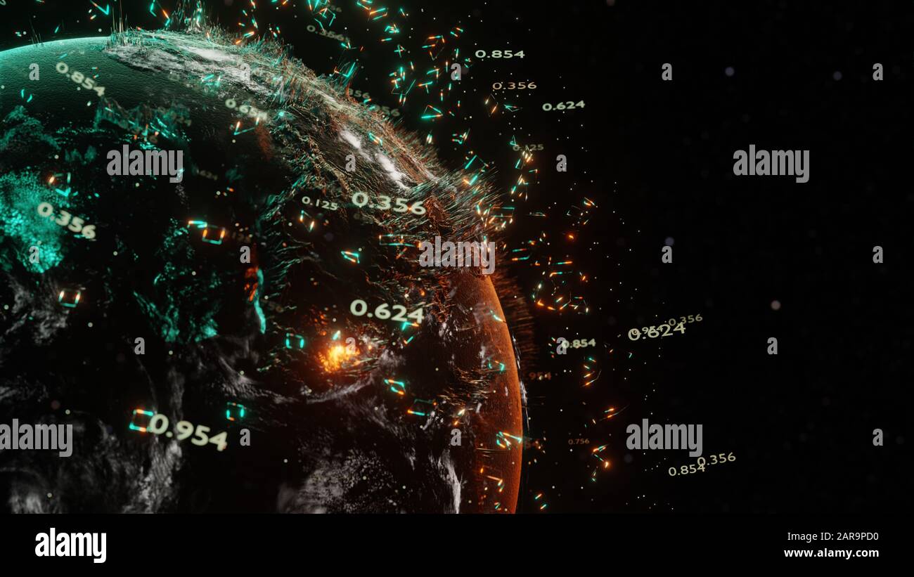 Abstract futuristic planet Earth surrounded by virtual elements. Dots ...