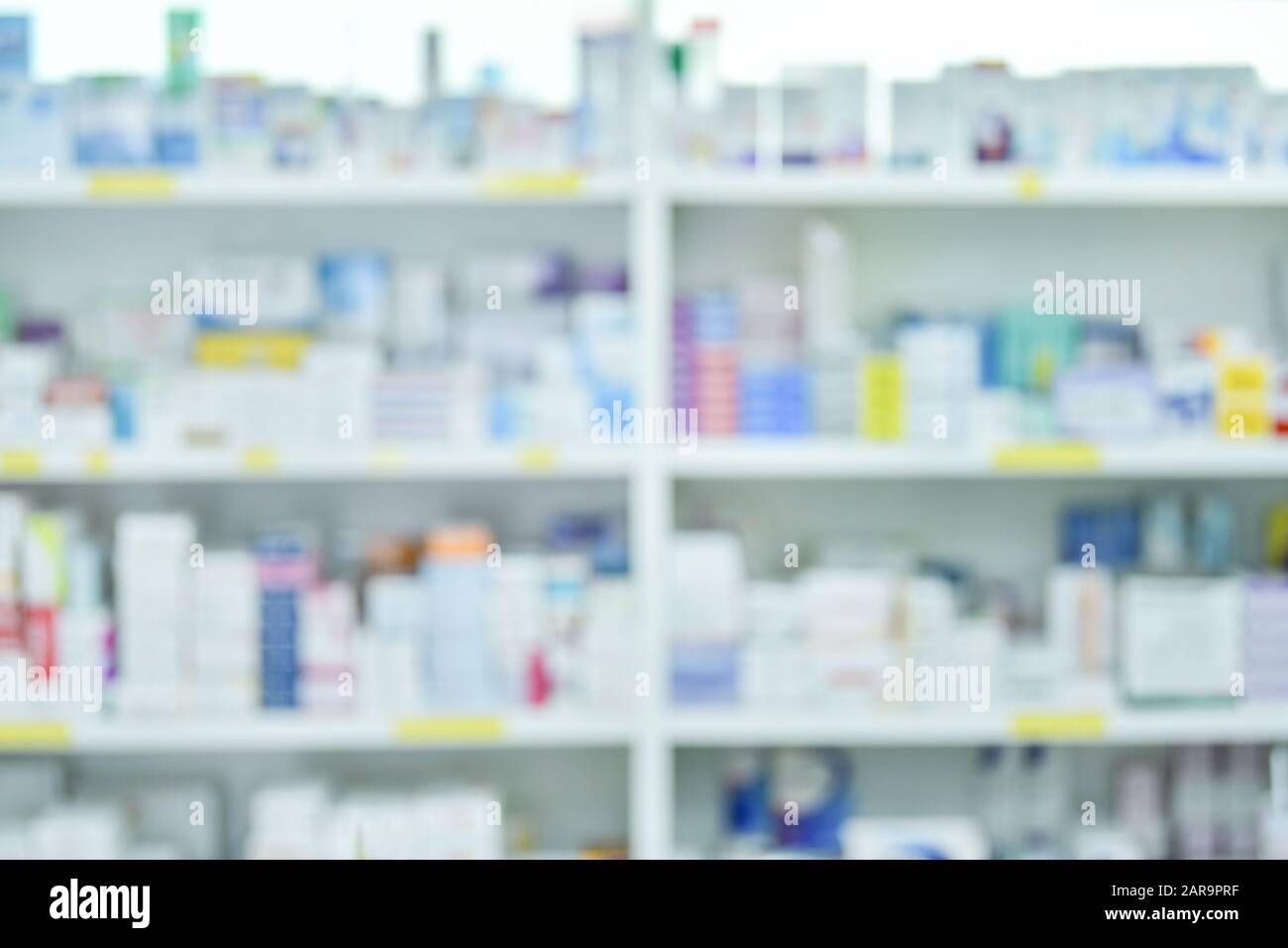 Medicine on shelves in Pharmacy interior with blurred background Stock ...