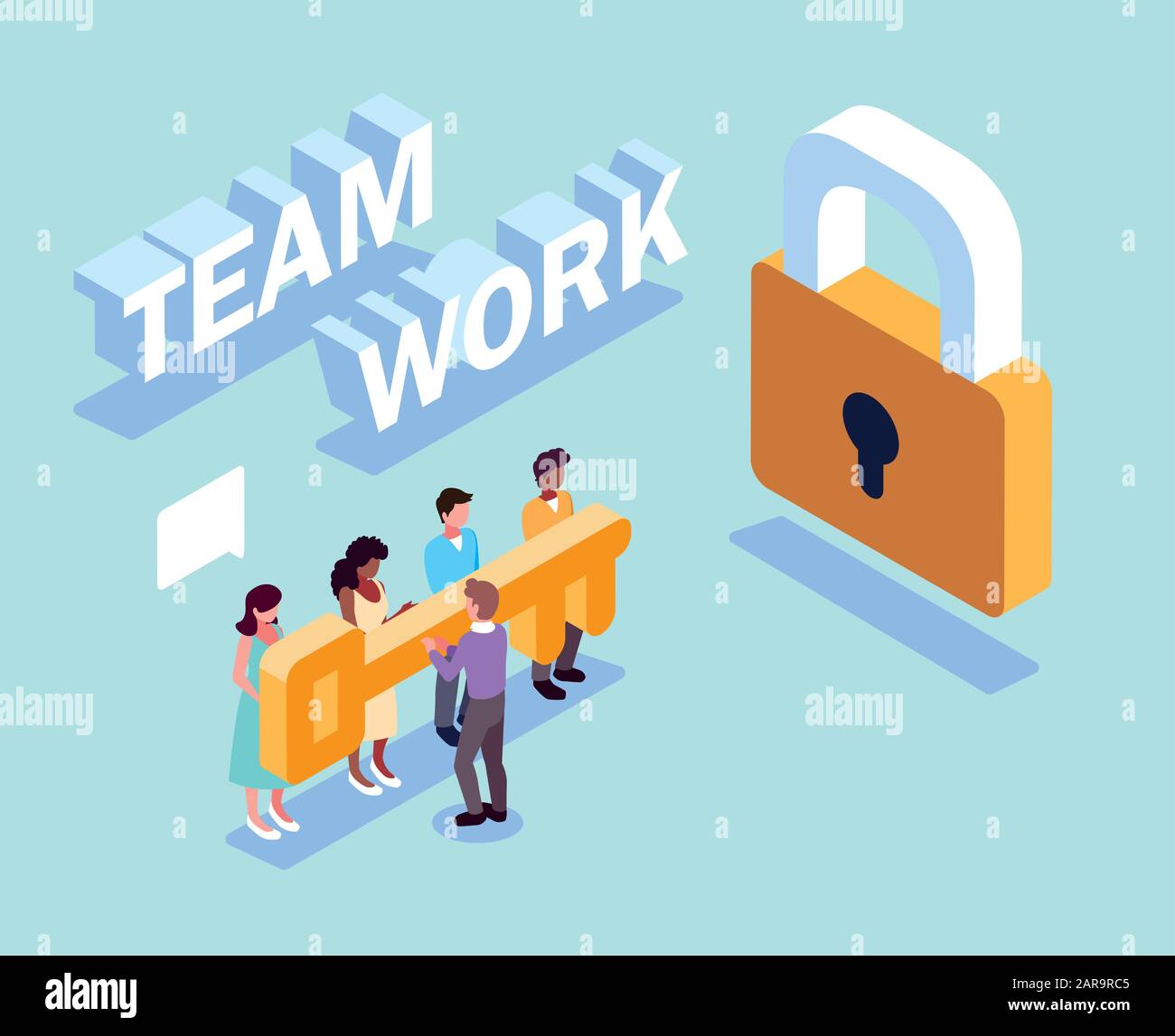 group of people with security padlock and key , teamwork vector ...