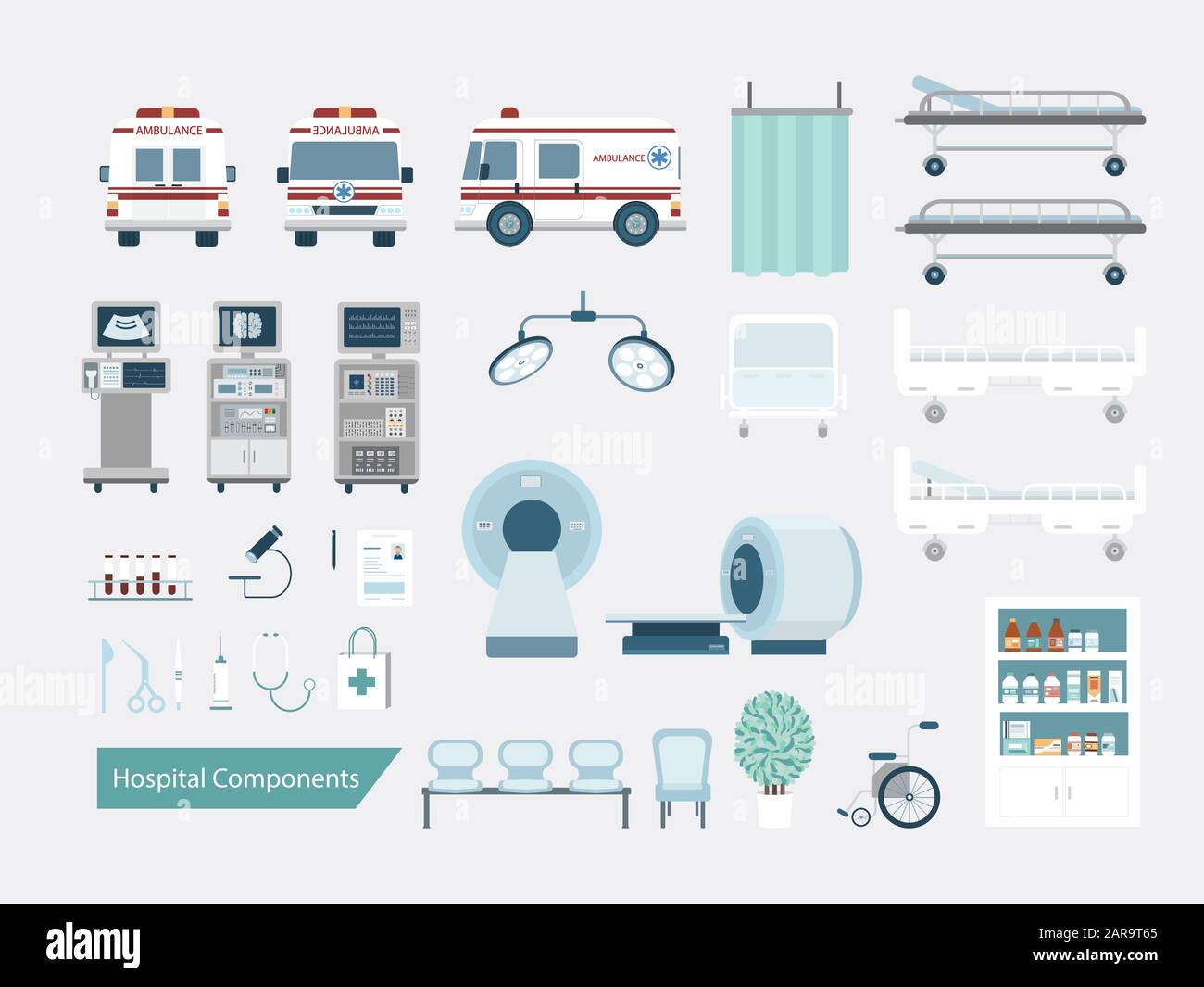 Set of hospital components or elements flat design vector illustration ...