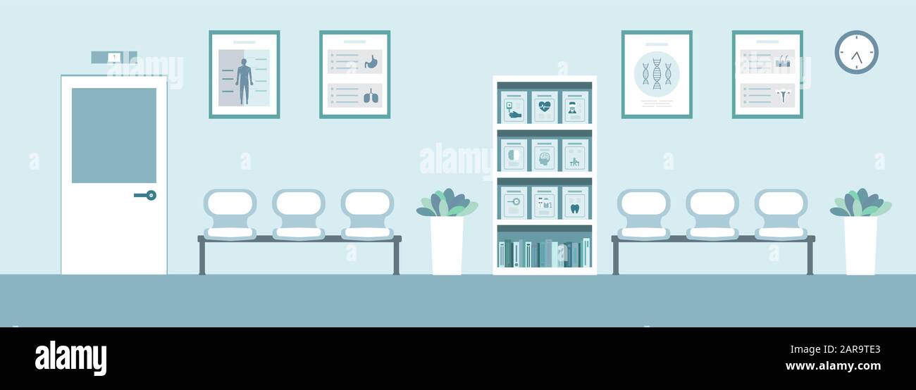 Hospital interior with counter and waiting area vector illustration ...
