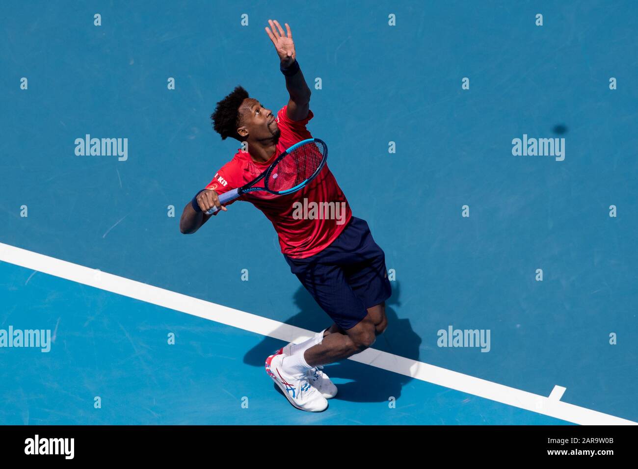 Melbourne, Australia. 27th Jan 2020. Gael Monfils of France serves in ...