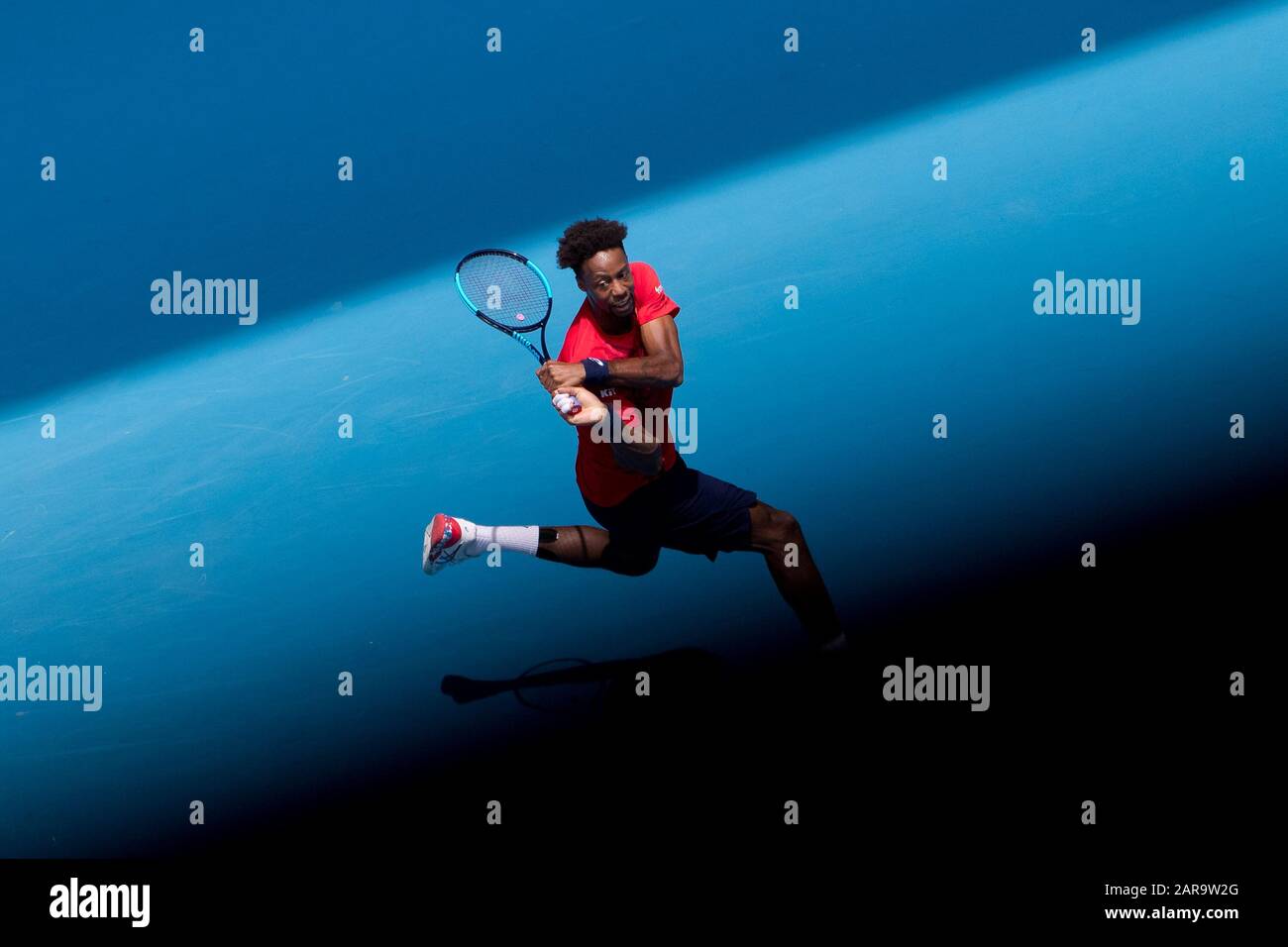 Melbourne, Australia. 27th Jan 2020. Gael Monfils of France plays a ...