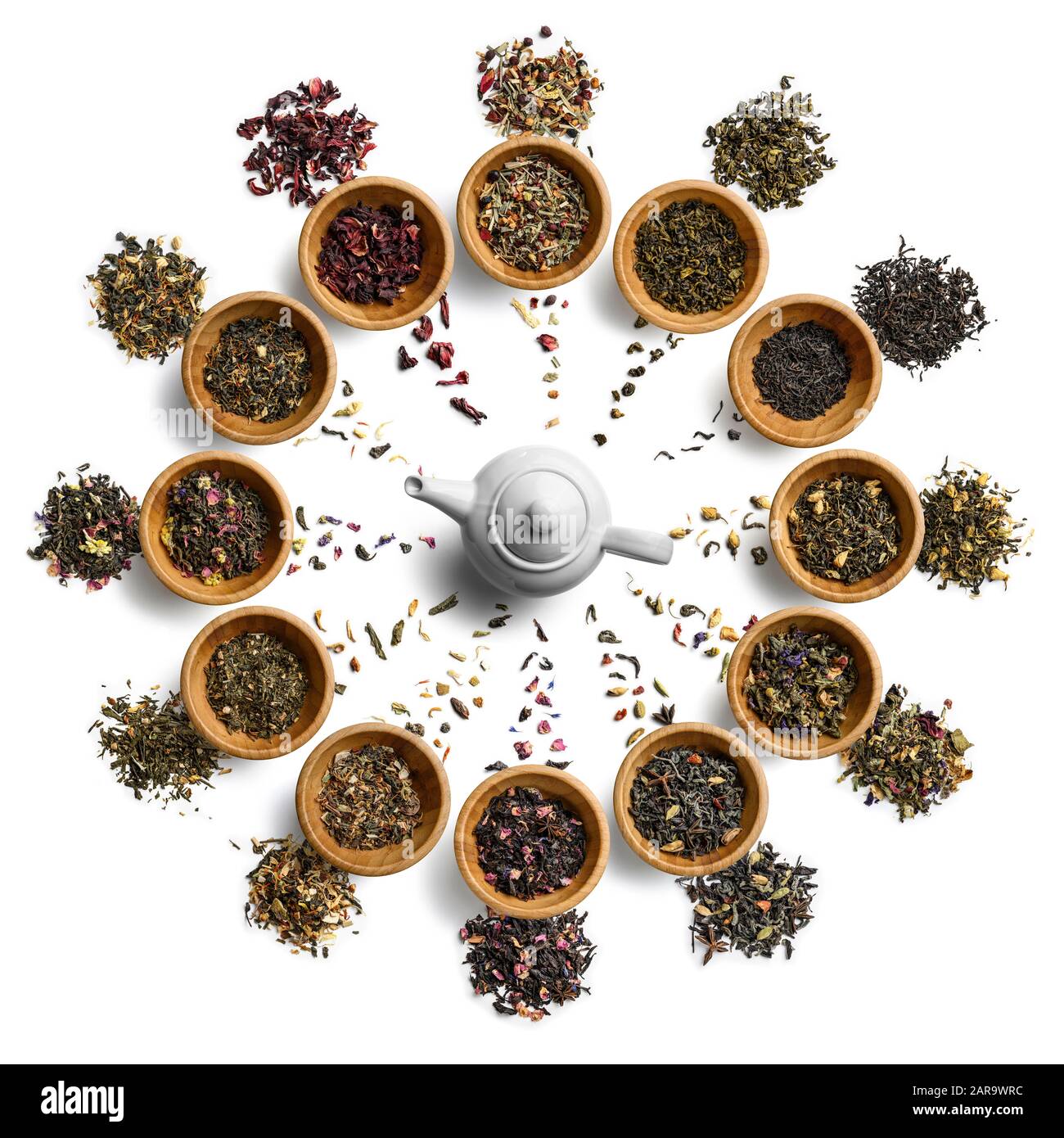 Large tea set in the shape of a clock face. Top view on white ...