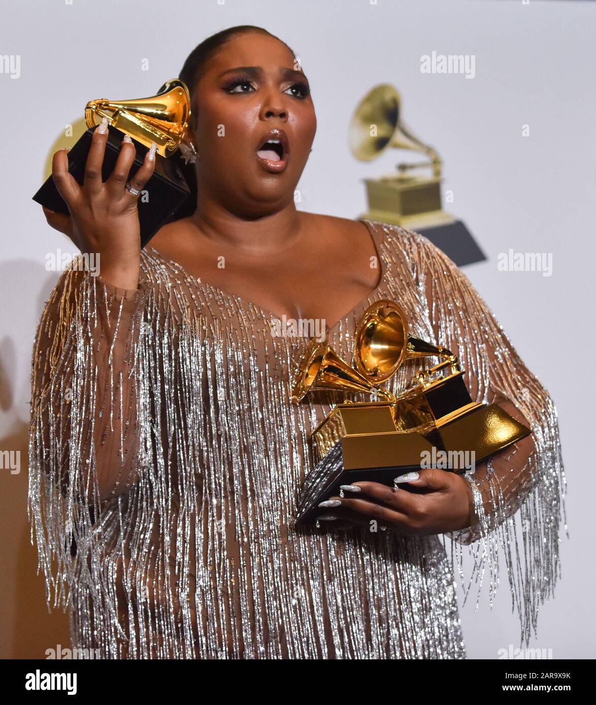 Los Angeles, CA, USA. 26th Jan 2020. Lizzo appears backstage with her ...