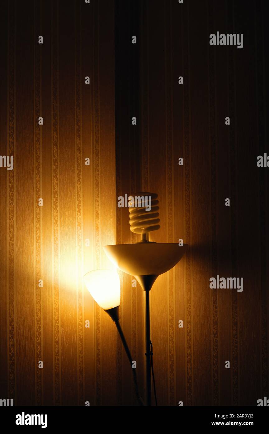 The electric light bulb with the light and shadow by the wall Stock ...