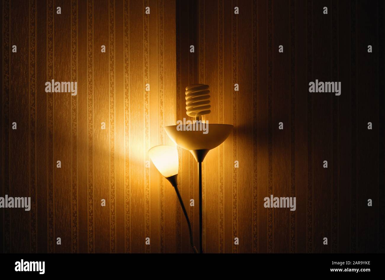 The electric light bulb with the light and shadow by the wall Stock ...