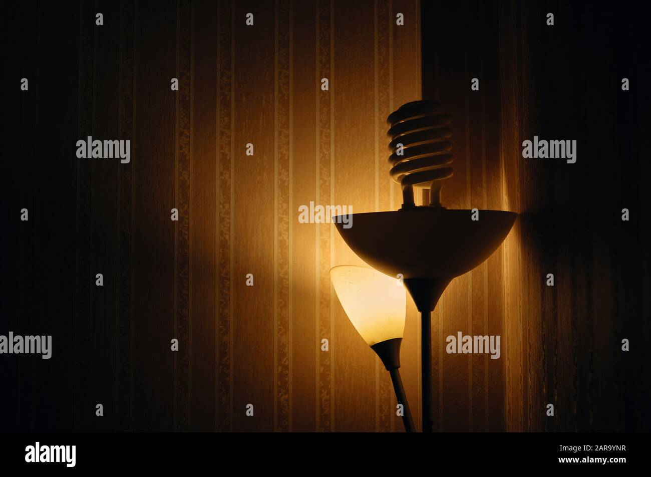 The electric light bulb with the light and shadow by the wall Stock ...