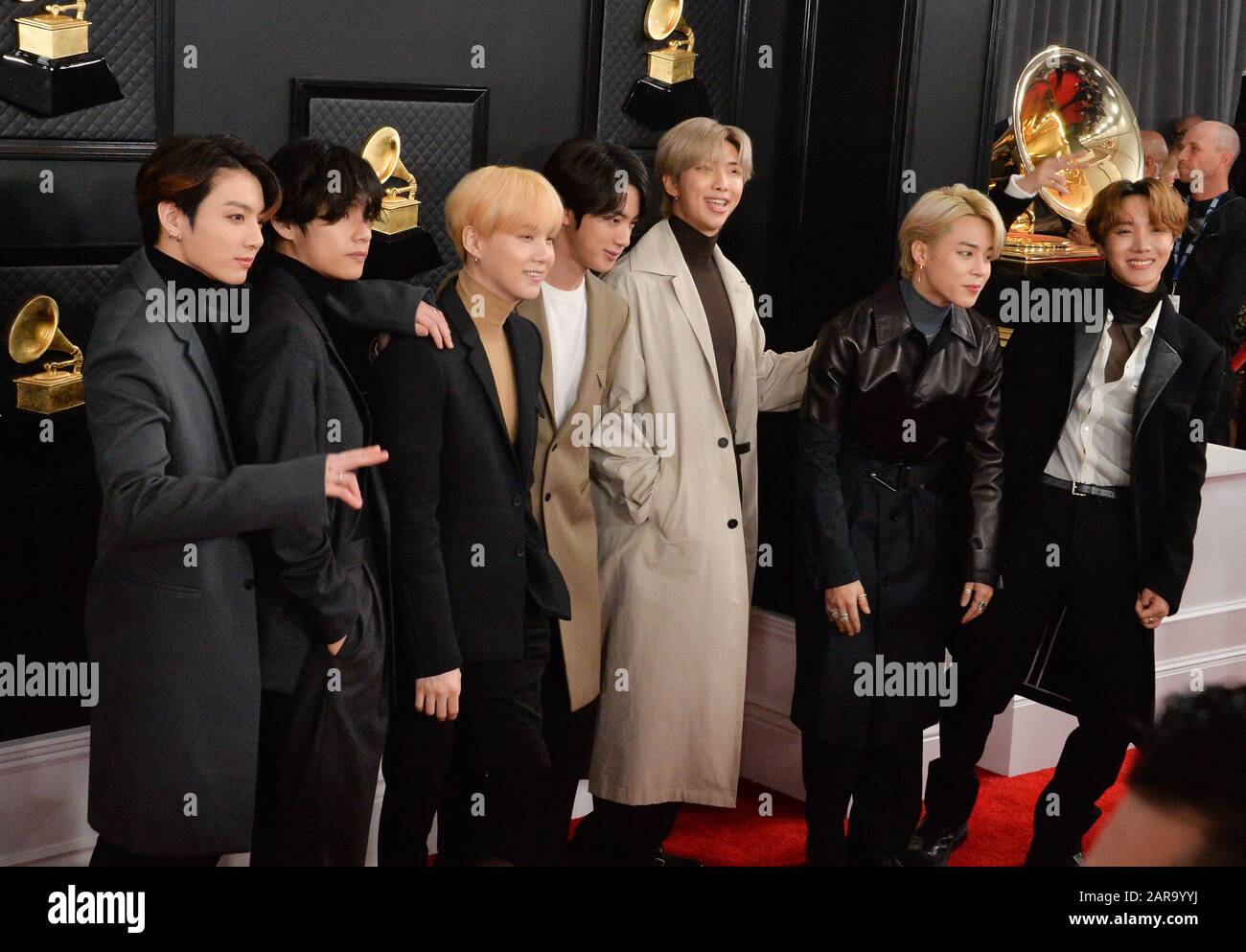 Los Angeles, USA. 26th Jan 2020. (L-R) RM, V, Suga, Jin, Jimin, Jungkook, and J-Hope of music ...
