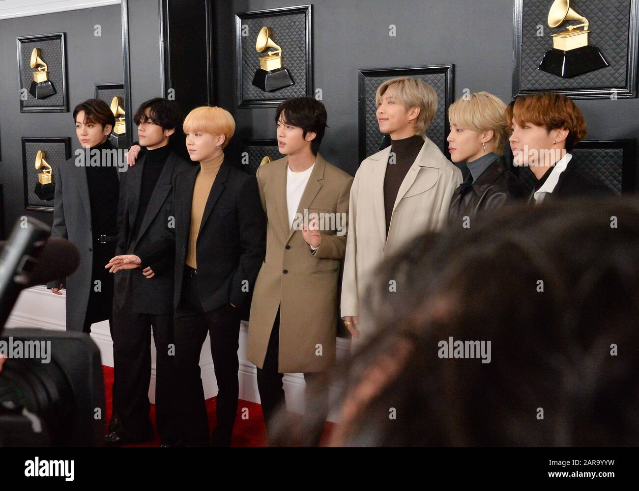 Los Angeles, USA. 26th Jan 2020. (L-R) RM, V, Suga, Jin, Jimin, Jungkook, and J-Hope of music ...