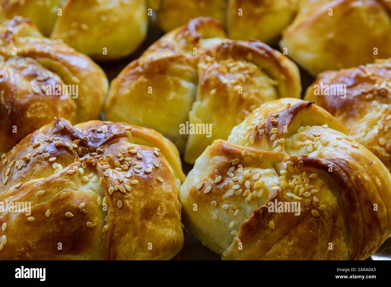 Closeup of a traditional oriental meat pastries on a plate. Bun with ...