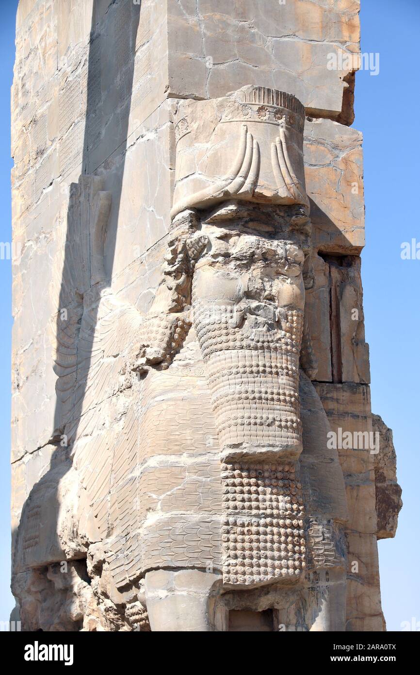 Detail of Gate of All Nations (Xerxes Gate) with stone face of lamassu ...