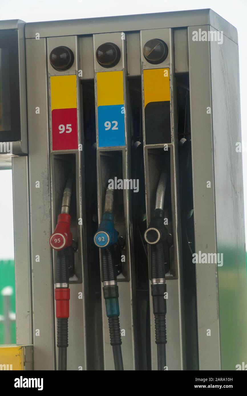 Fuel pumps on the petrol filling gas station column Stock Photo - Alamy