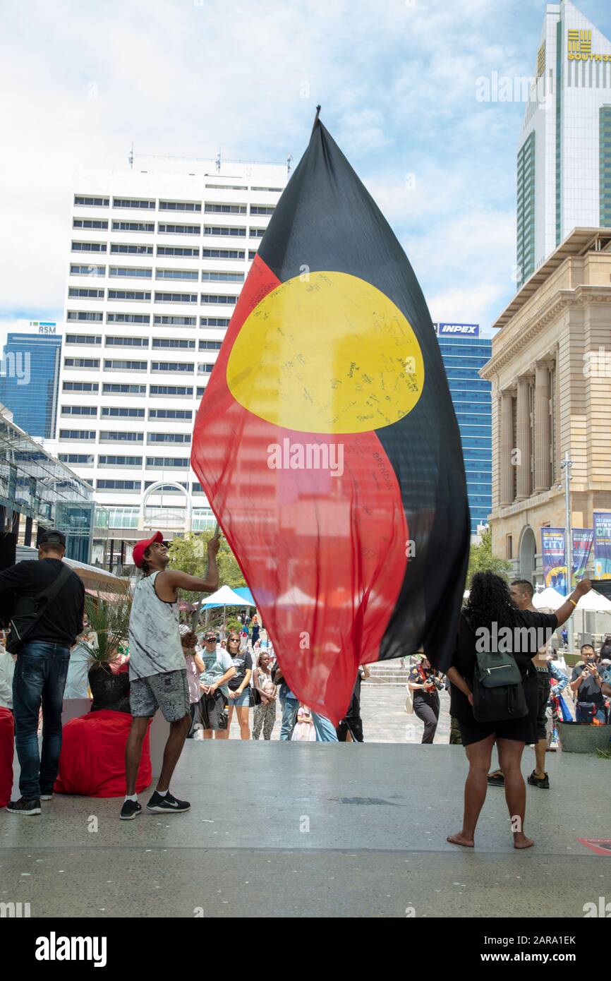 Perth, Australia. 26th January 2020. Invasion Day protests on stage and ...
