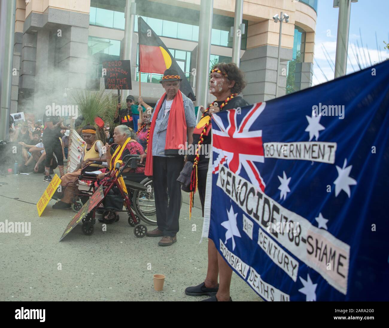 Perth, Australia. 26th January 2020. Invasion Day protests on stage and ...