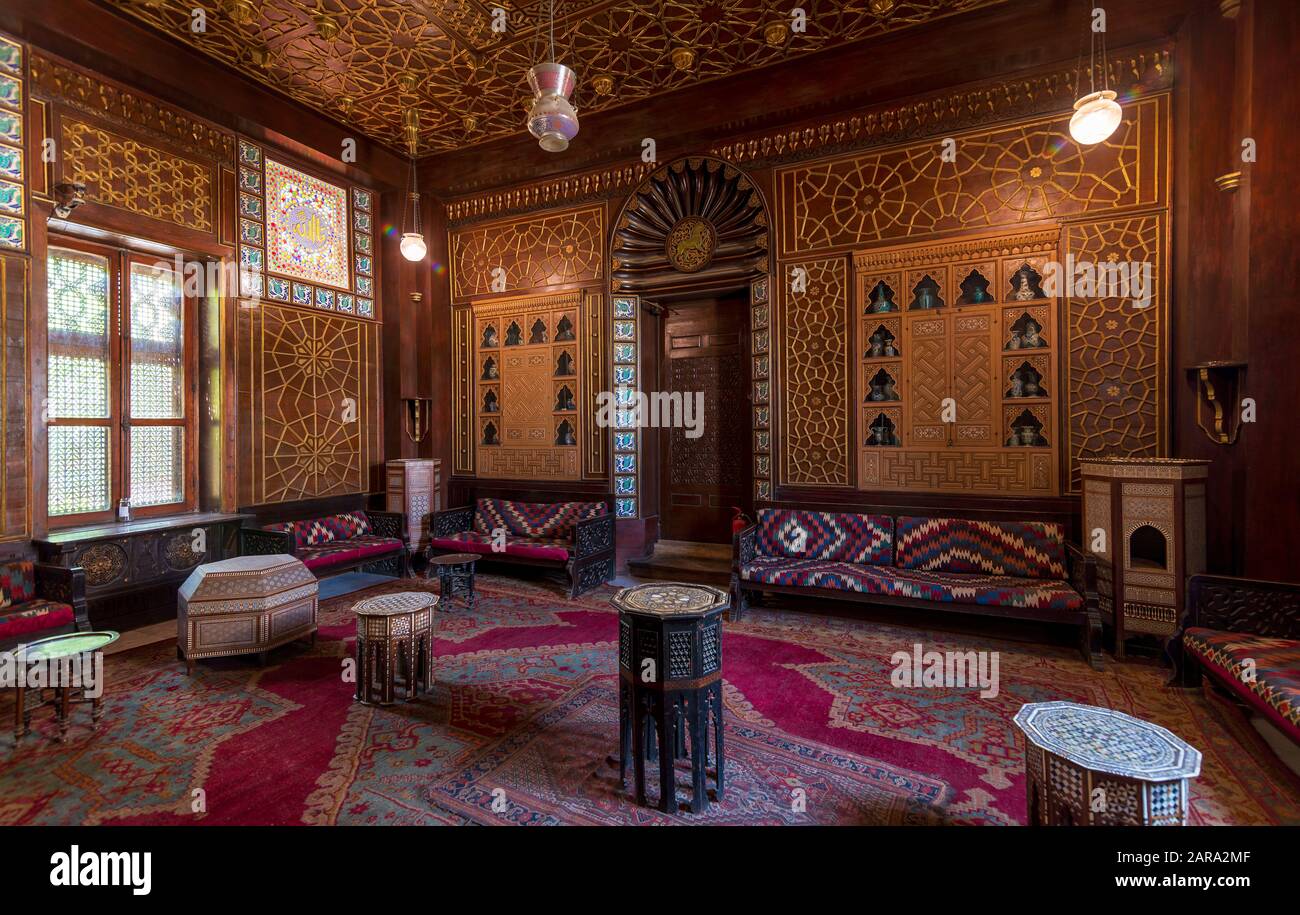Manial Palace of Prince Mohammed Ali. Guests Hall with wooden ornate ...