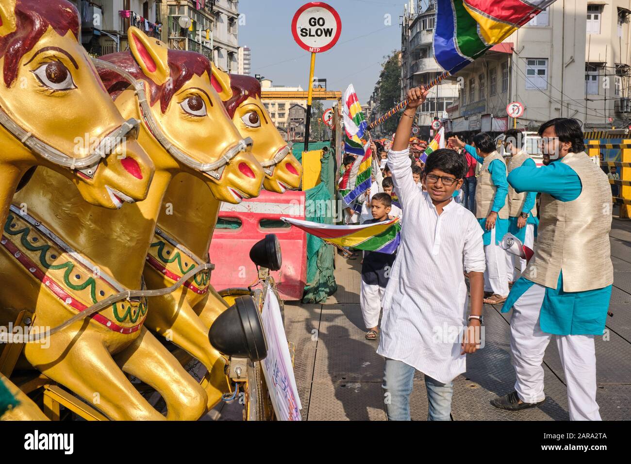 A Jain religious procession following a childrens' initiation ceremony ...
