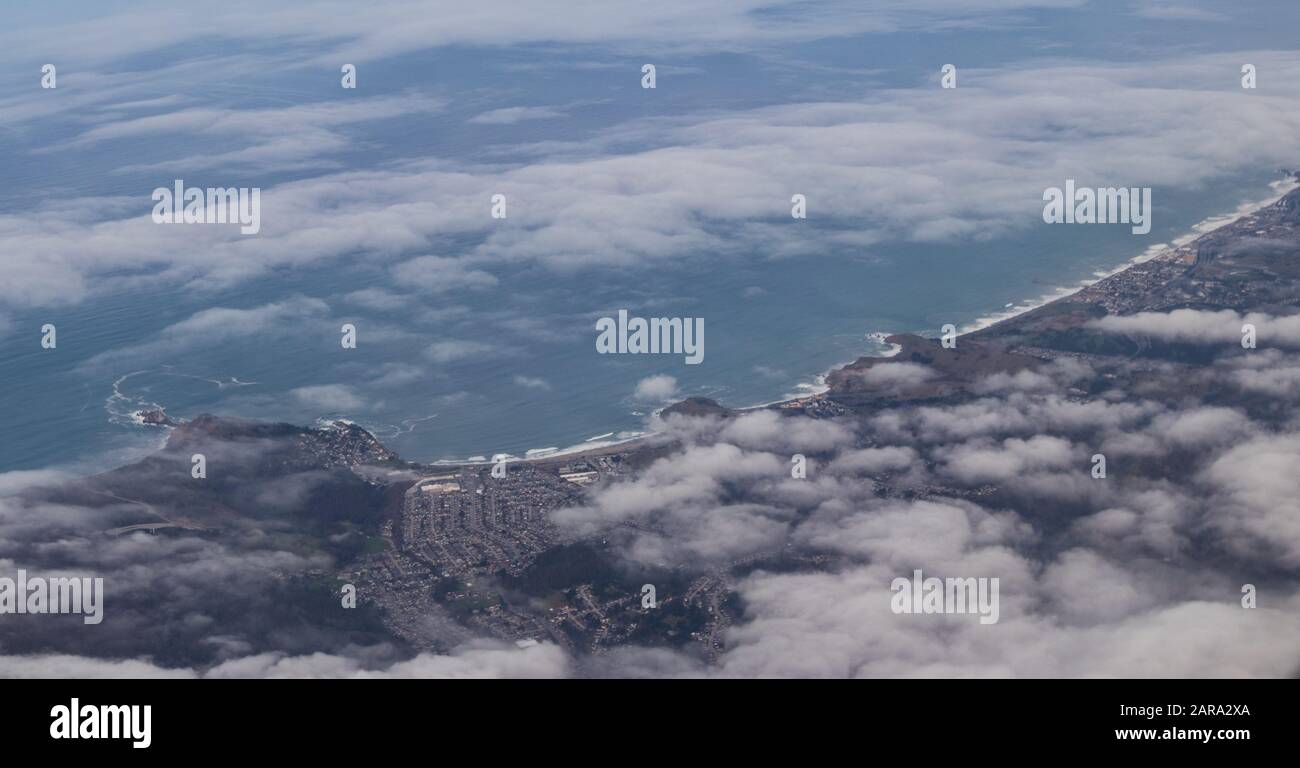 January 24, 2020: An aerial view of Mavericks in the San Francisco Bay ...