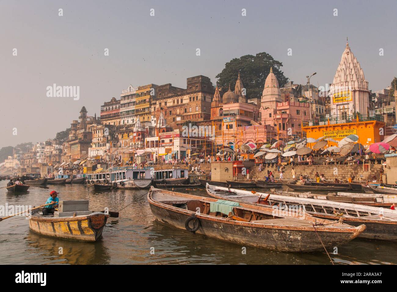 Scenic morning view of Holy ghats beside Ganges river, also Ganga river ...