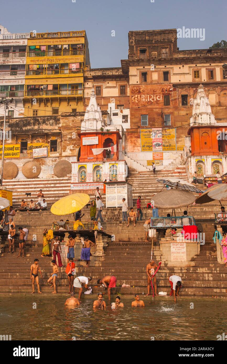 Scenic morning view of Holy ghats beside Ganges river, also Ganga river ...