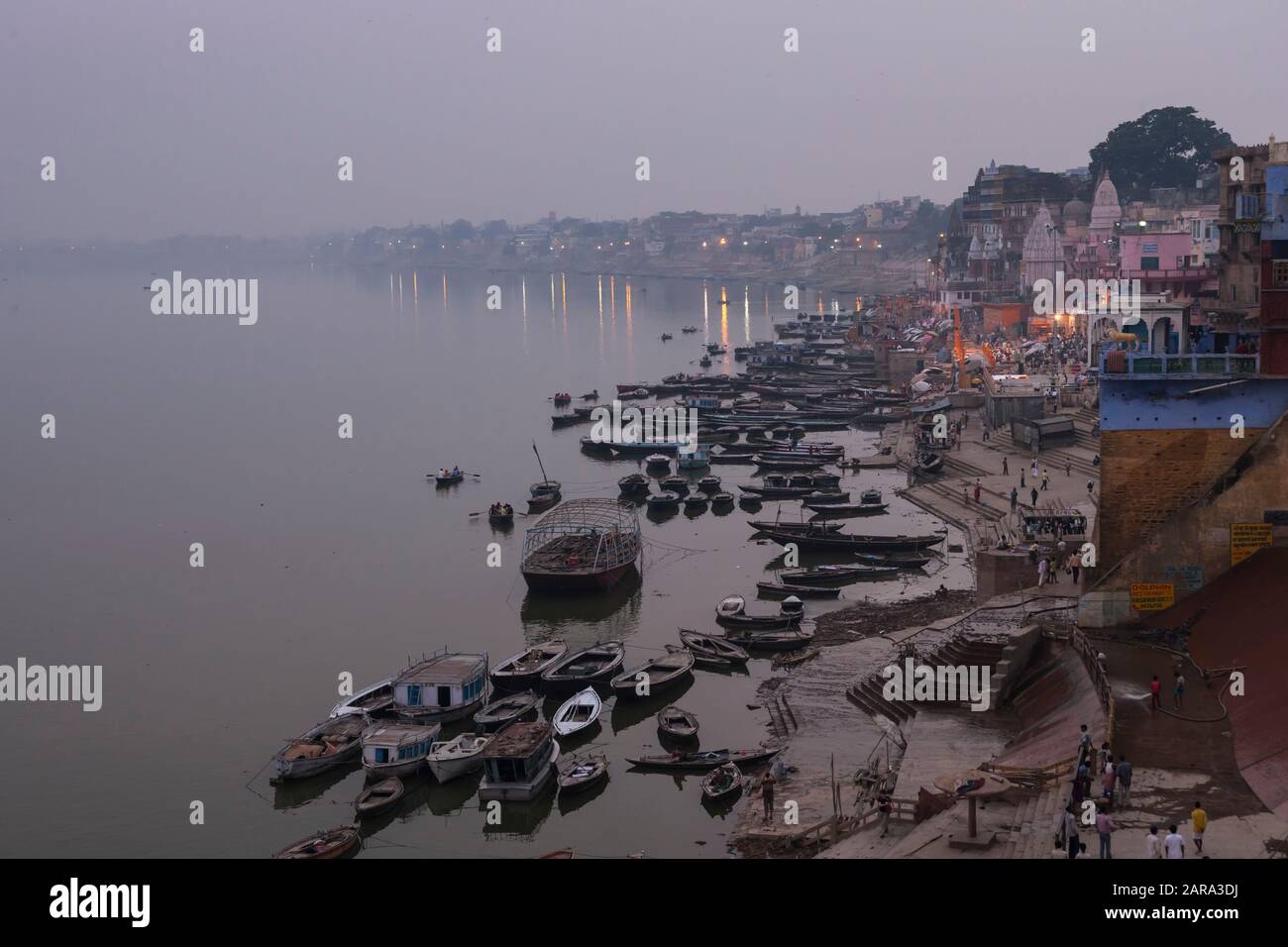 In dawn, holy Ganges river and ghats, also Ganga river, Varanasi also ...