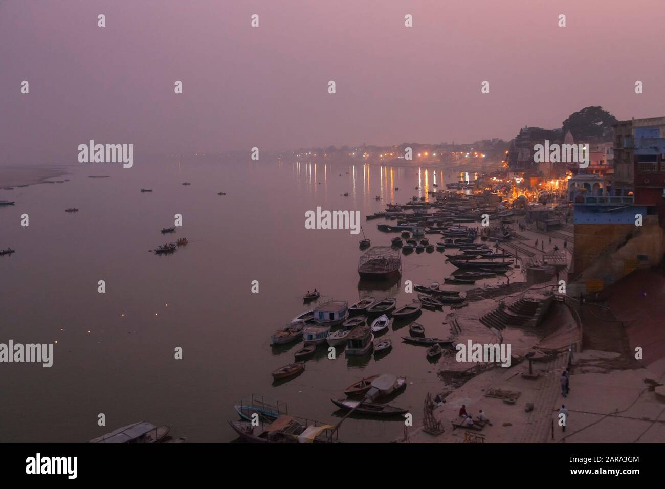 In dawn, holy Ganges river and ghats, also Ganga river, Varanasi also ...