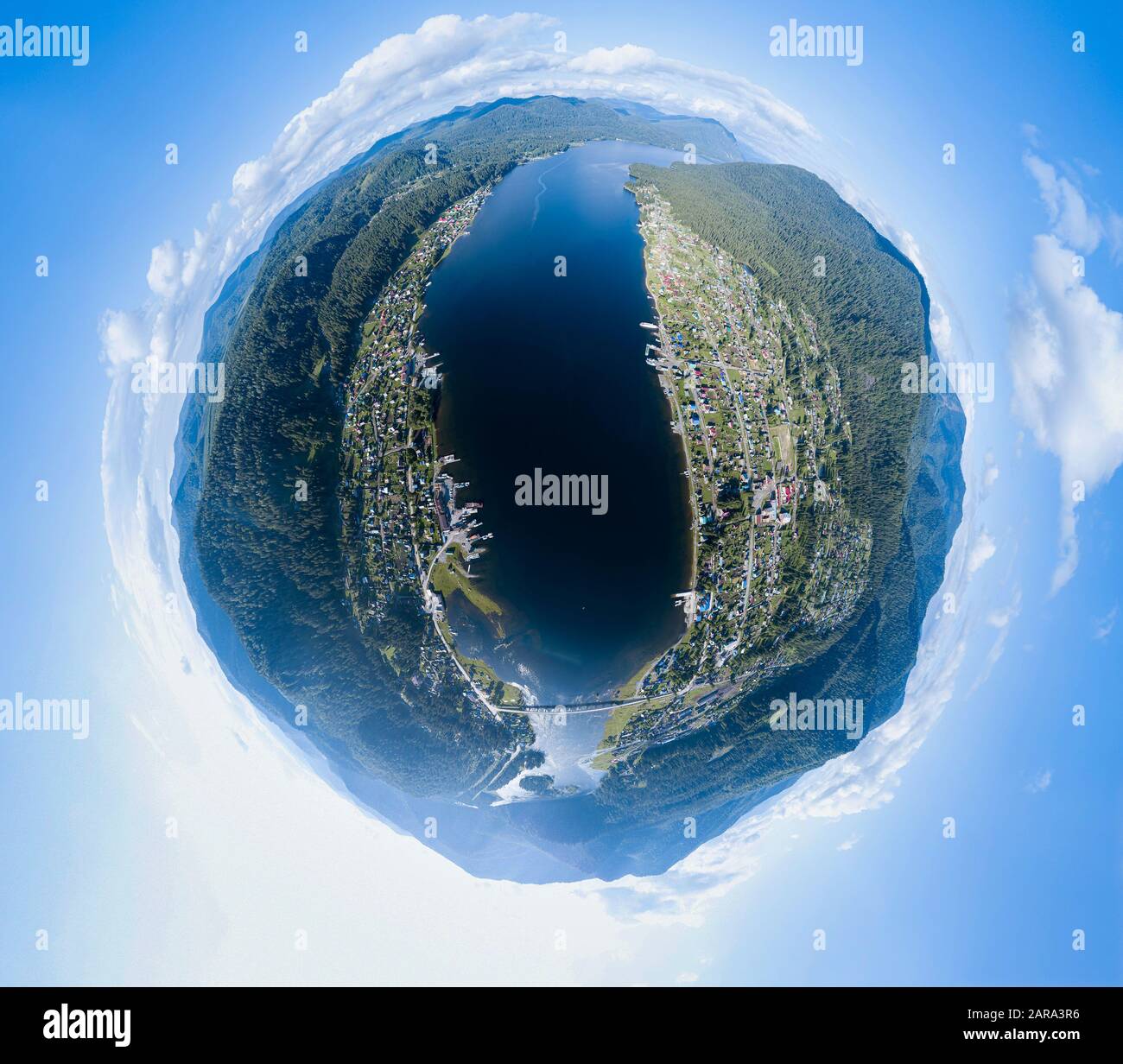 360 degree panoramic aerial drone view of planet earth near Altai ...