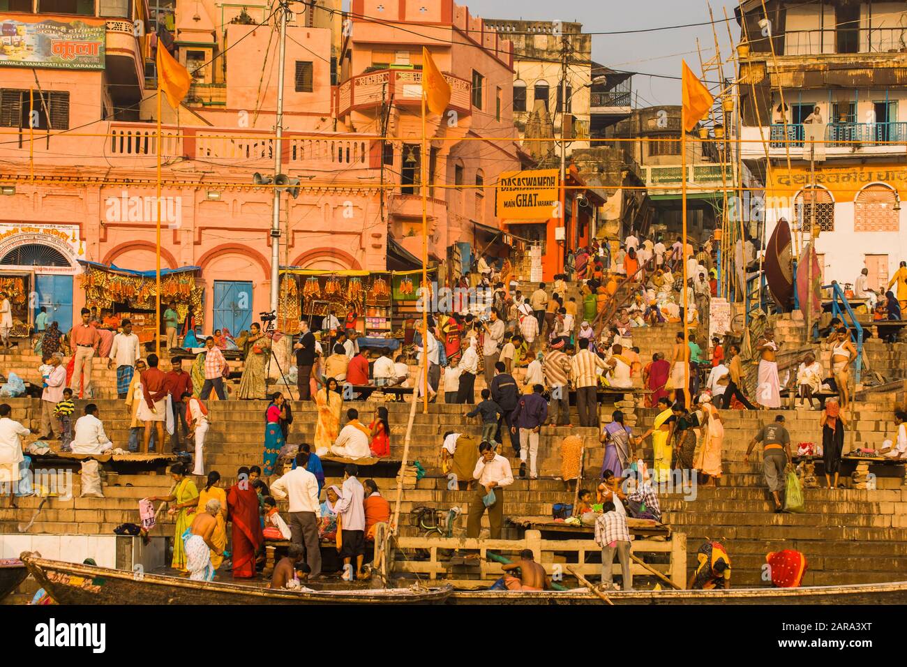 Scenic morning view of Holy ghats beside Ganges river, also Ganga river ...