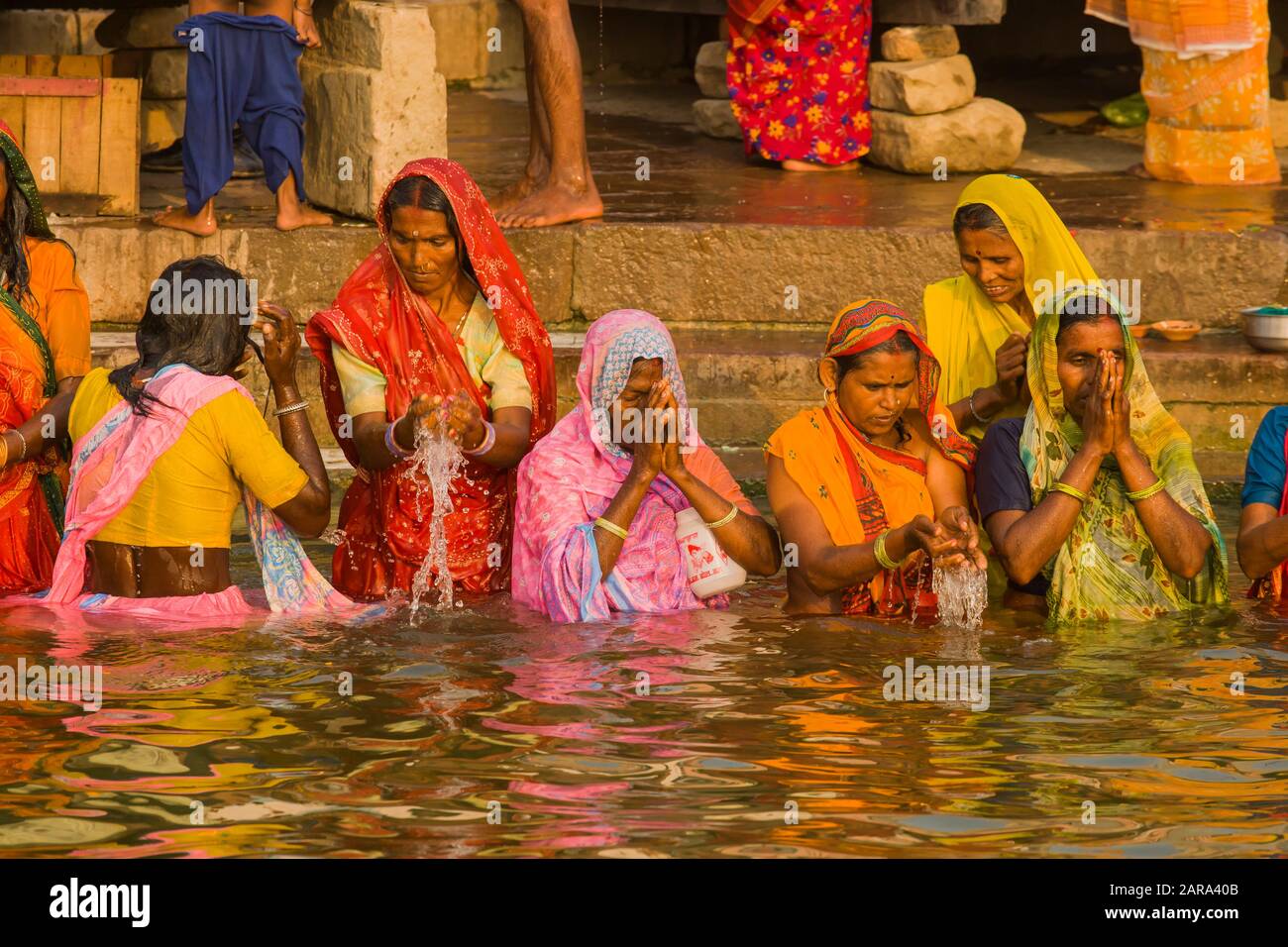 In the morning, Prayer at ghats of holy Ganges river, also Ganga river ...