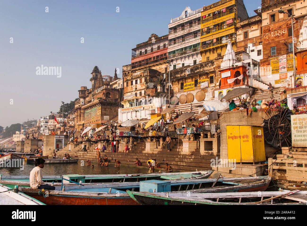 Scenic morning view of Holy ghats beside Ganges river, also Ganga river ...