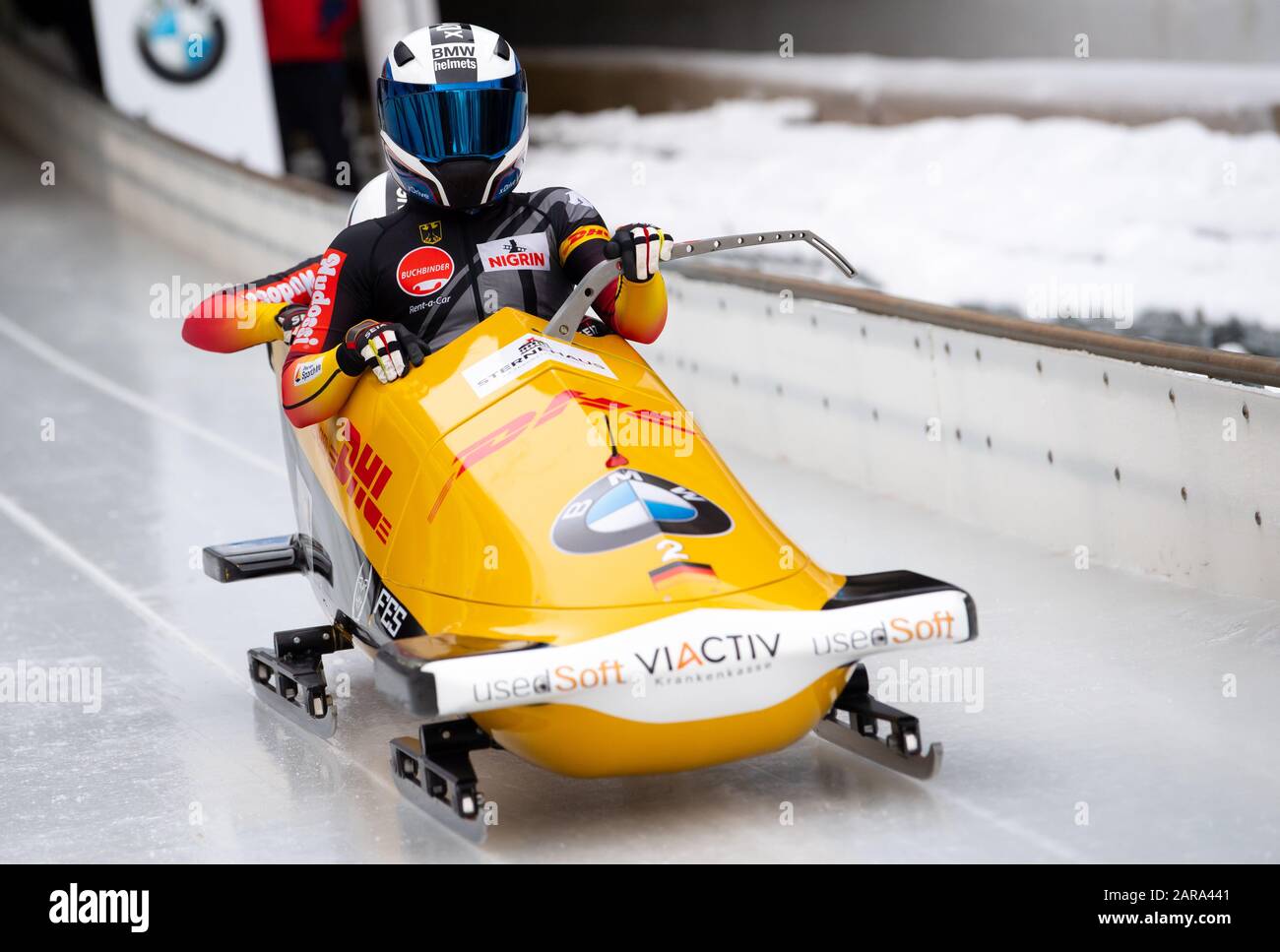 25 January 2020, Bavaria, Schönau Am Königssee: Two-man bobsleigh ...