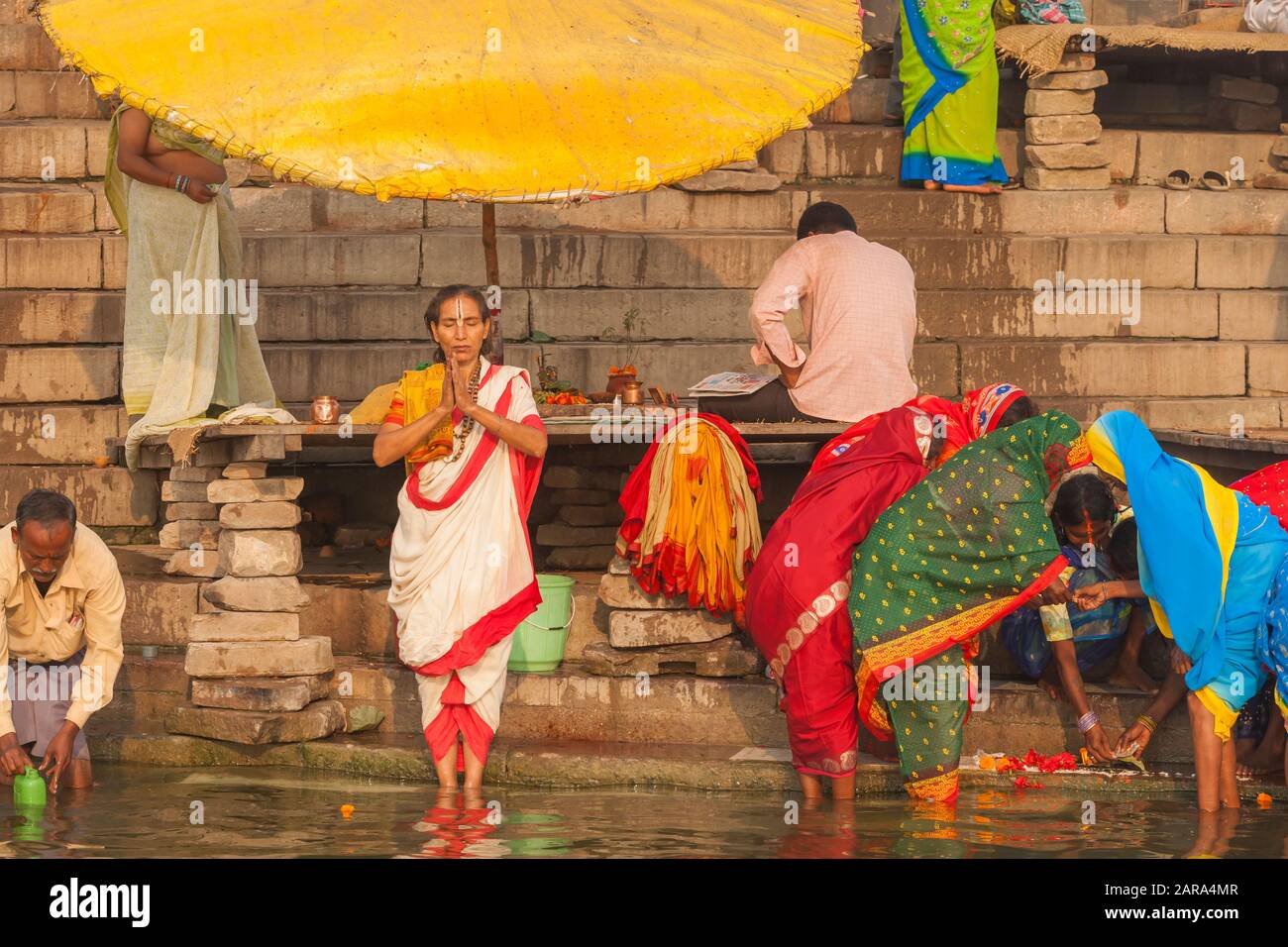 In the morning, Prayer at ghats of holy Ganges river, also Ganga river ...