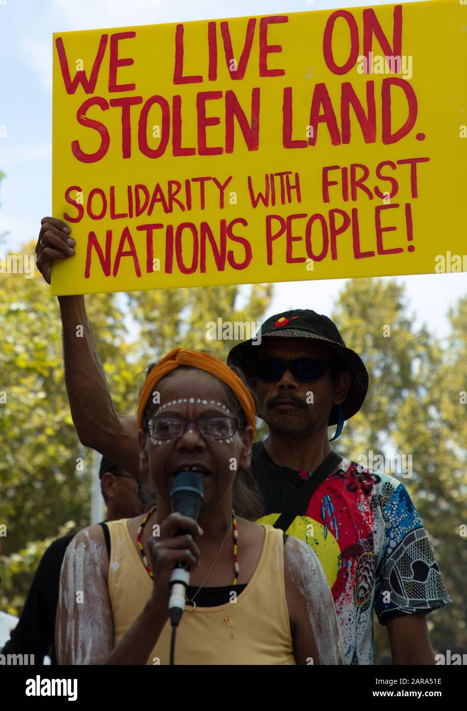 Perth, Australia. 26th January 2020. Invasion Day protests on stage and ...