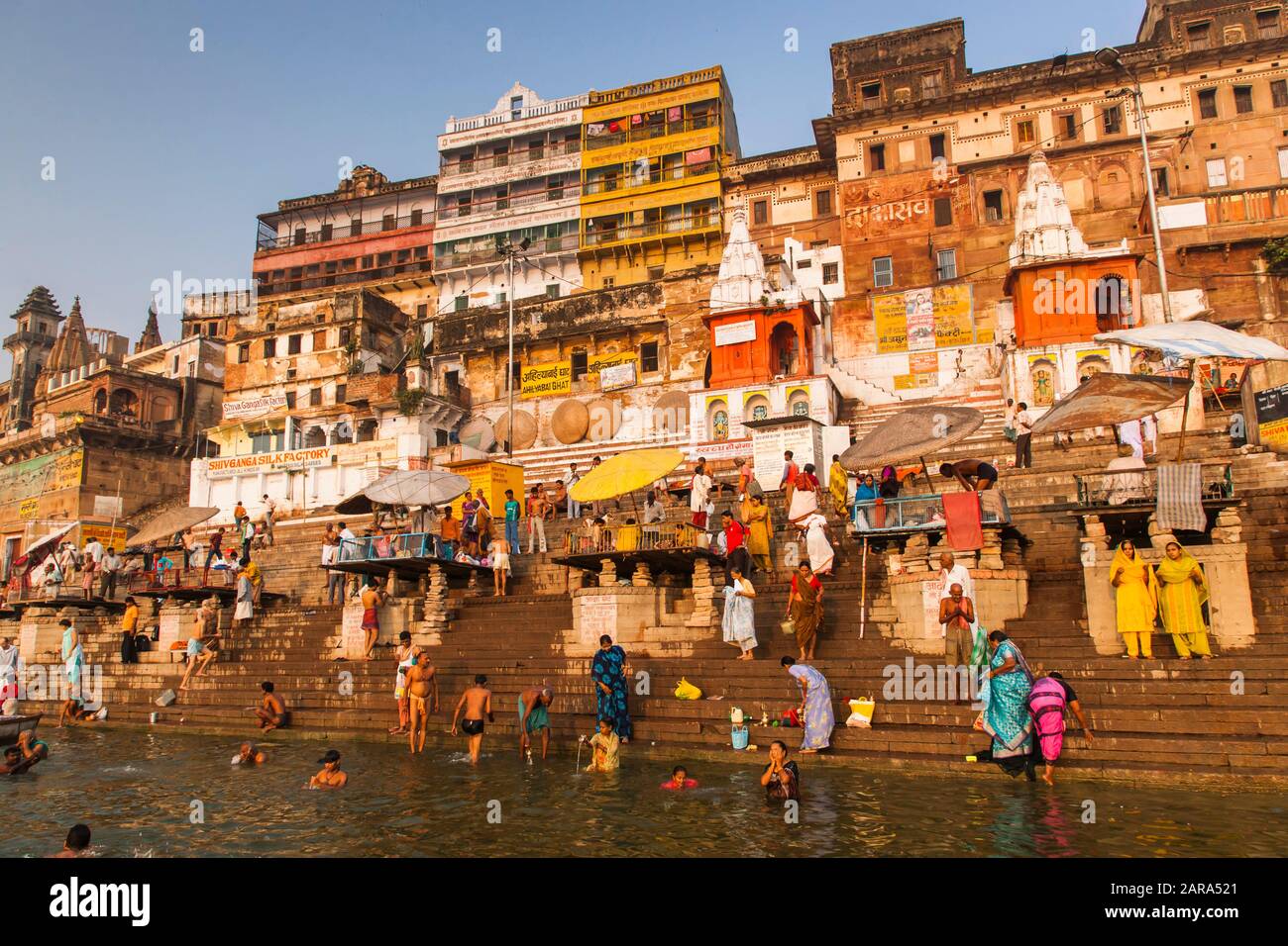 Scenic morning view of Holy ghats beside Ganges river, also Ganga river ...
