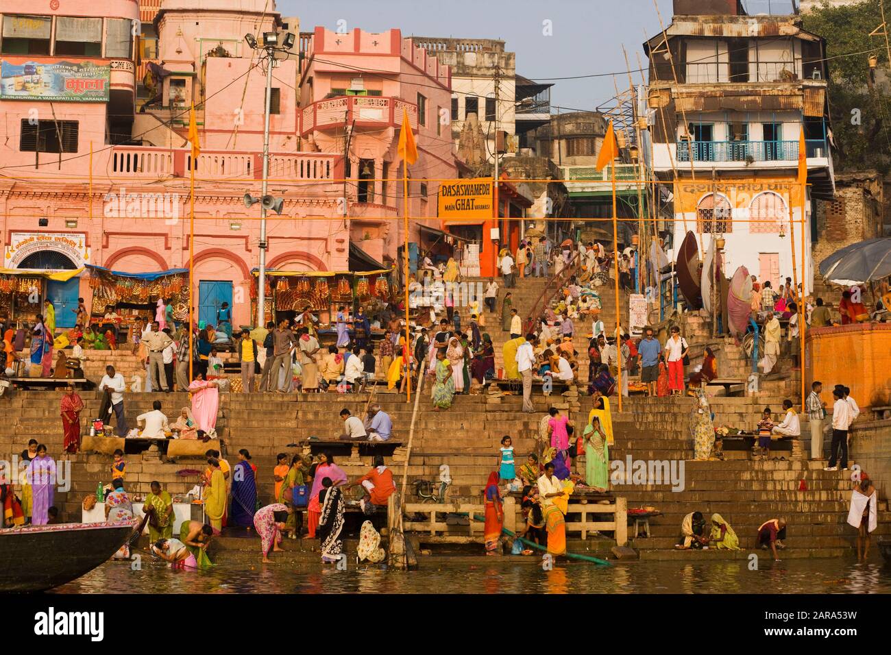 Scenic morning view of Holy ghats beside Ganges river, also Ganga river ...