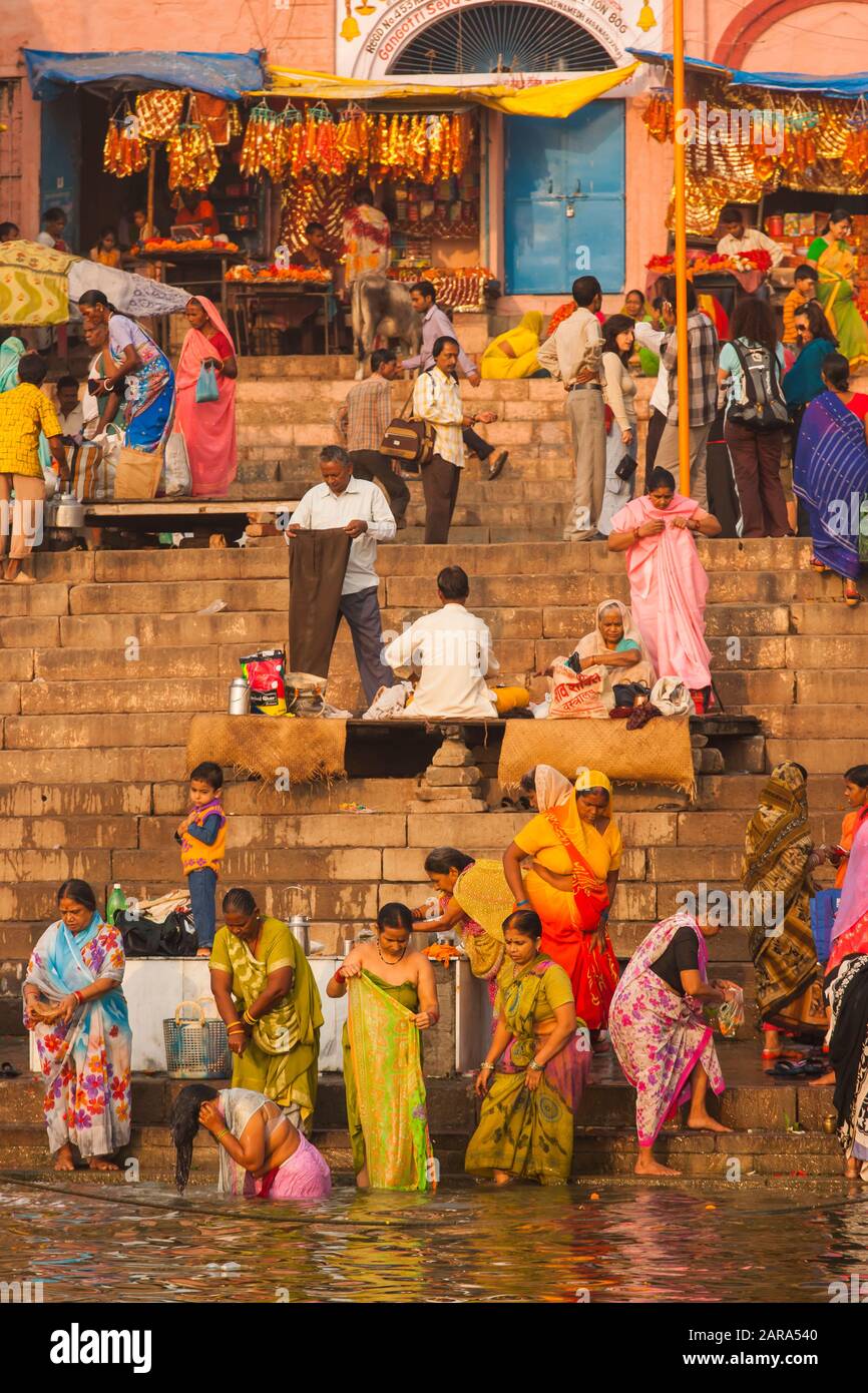 Scenic morning view of Holy ghats beside Ganges river, also Ganga river ...