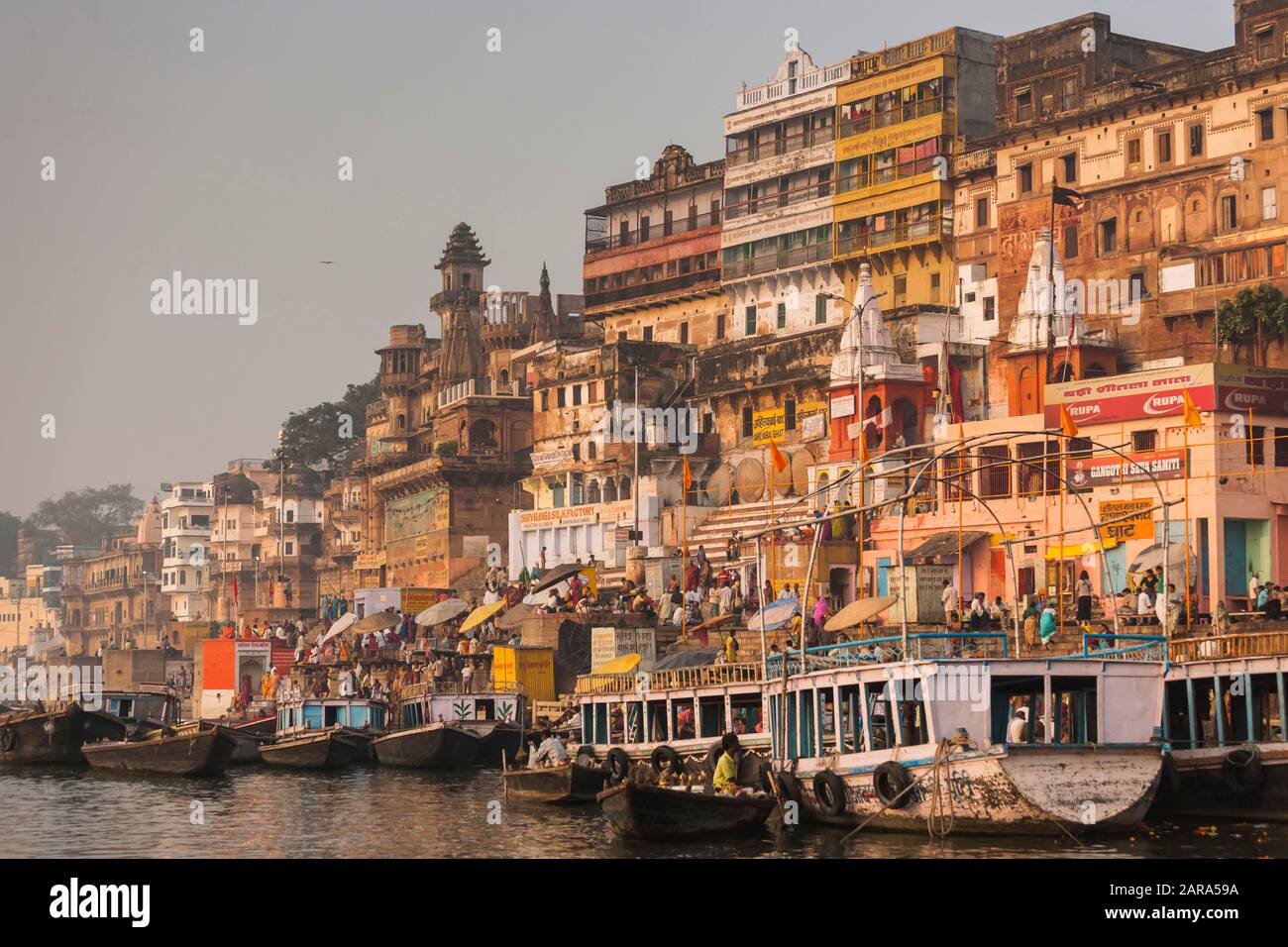 Scenic morning view of Holy ghats beside Ganges river, also Ganga river ...